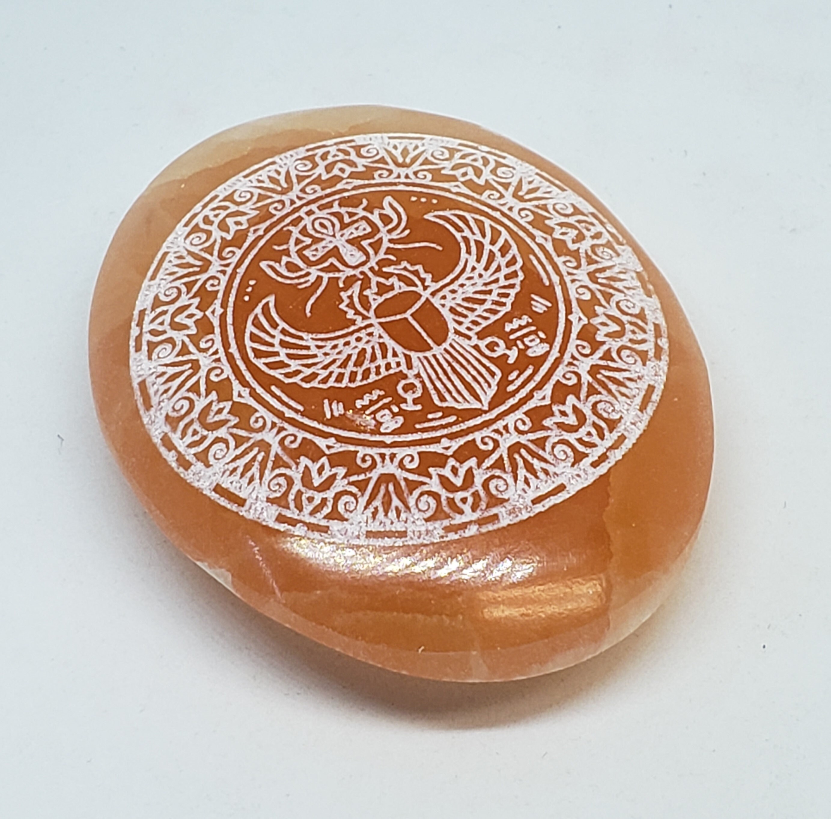 Red Selenite Palm Stone- laser etched scarab design - RSP13