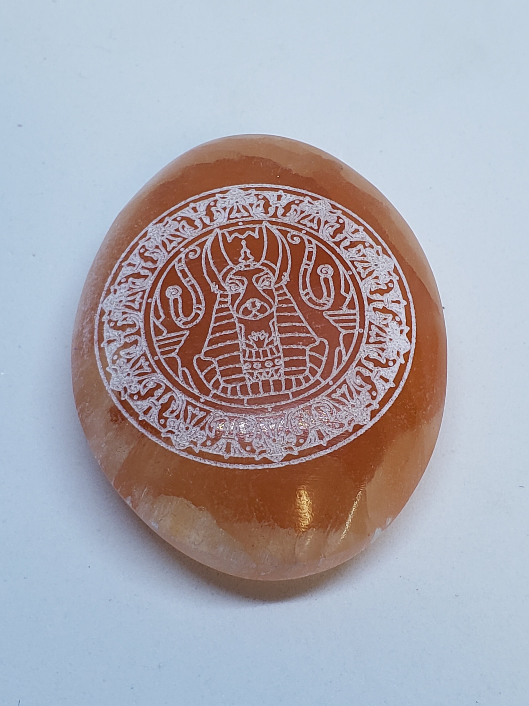 Red Selenite Palm Stone- laser etched Anubis Egyptian god of the dead ...