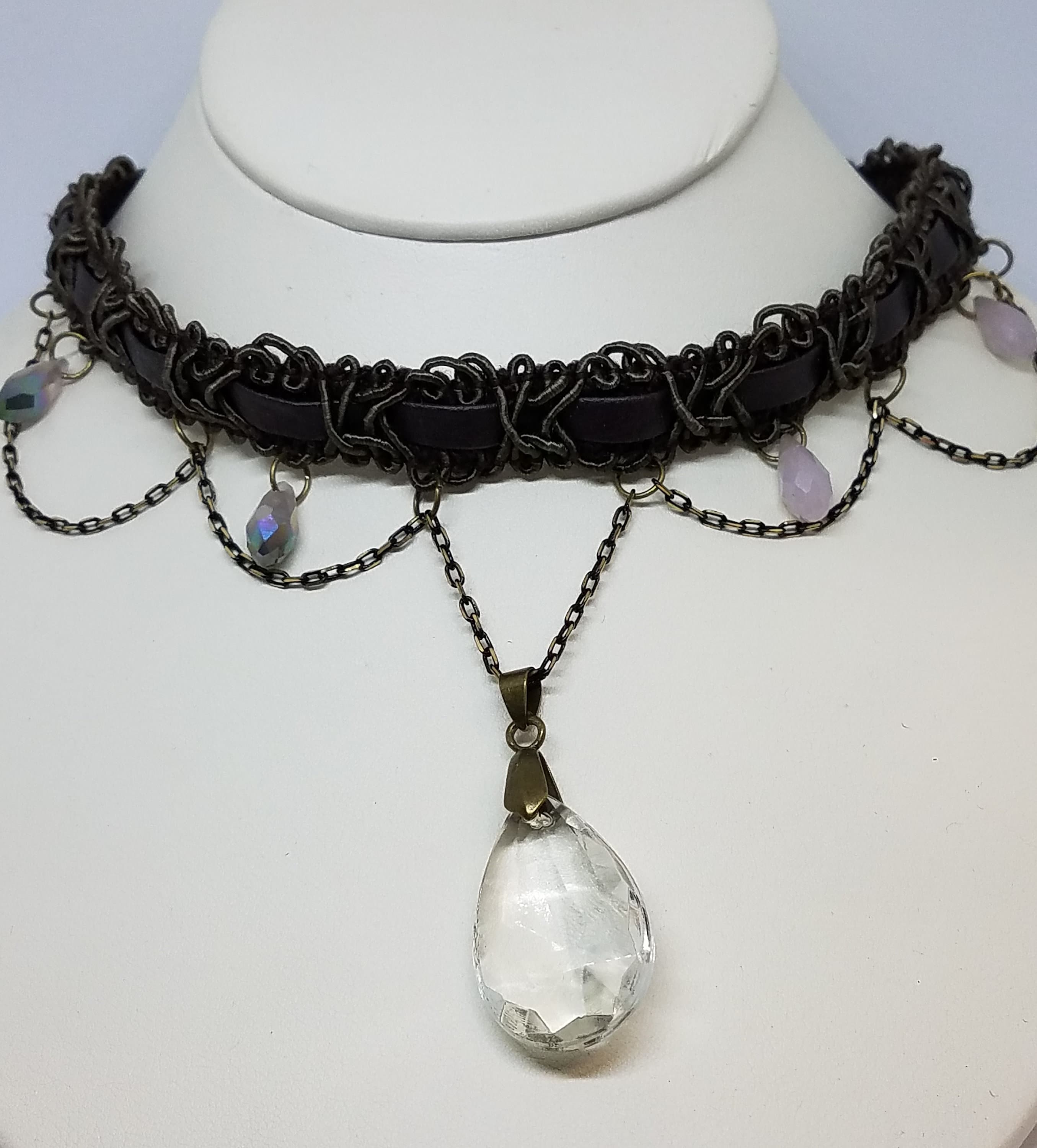 Victorian Choker - Clear & pearlized crystals on brown necklace