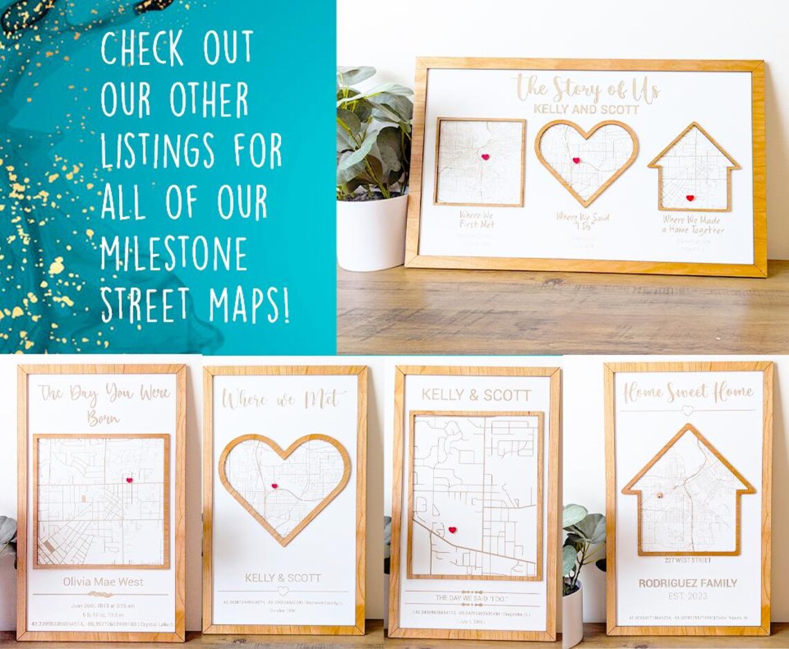 Milestone Map, Our Home Sign, Where We Met Map, Home Street Wood Map ...