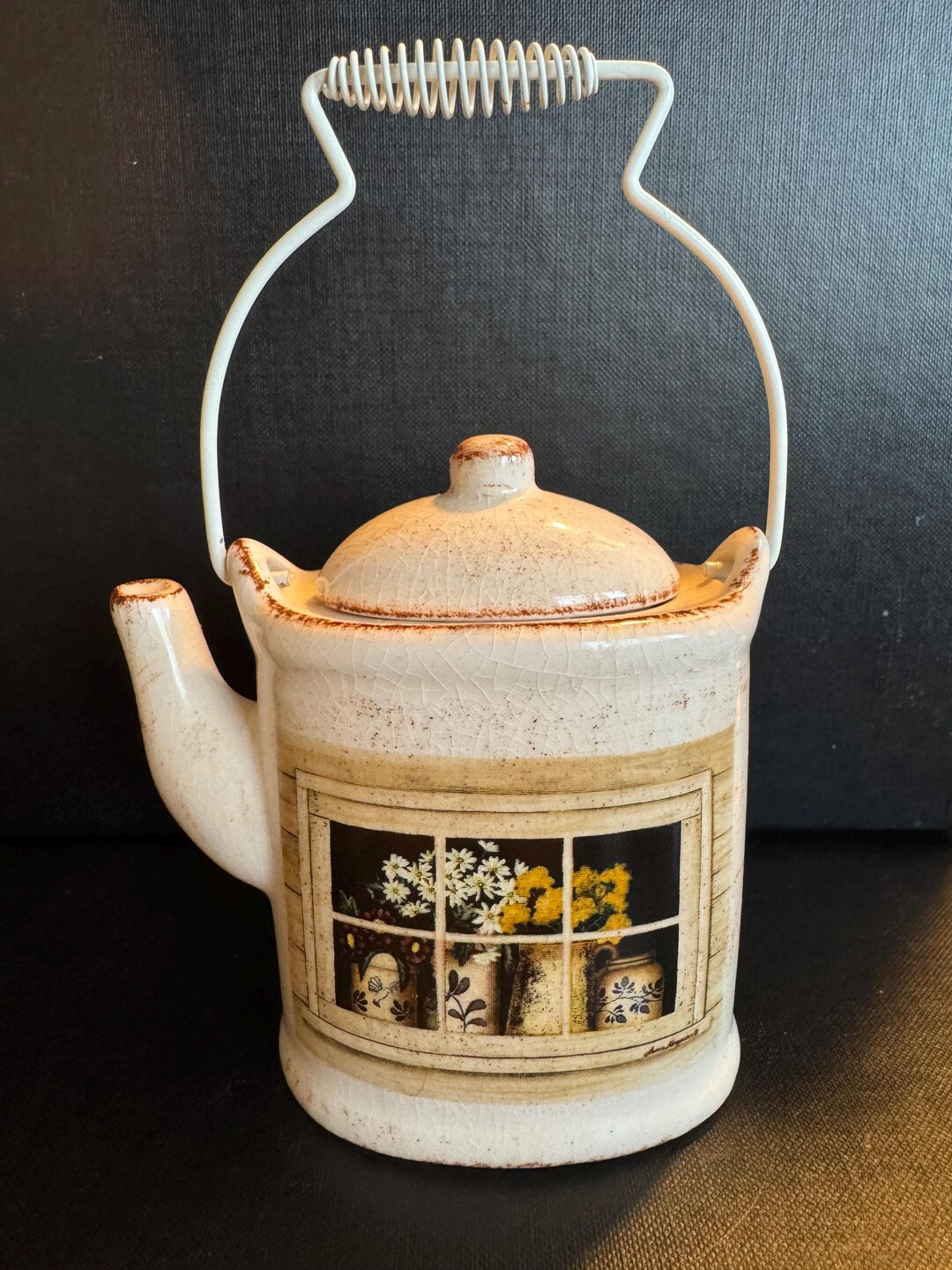Rustic Vintage Ceramic Kettle With Candle - Farmhouse Decor, Cream ...