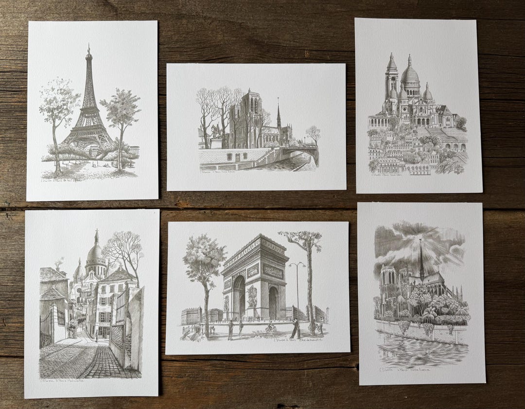 Vintage Parisian Sketch Prints, Set of Six – Eiffel Tower, Notre Dame ...