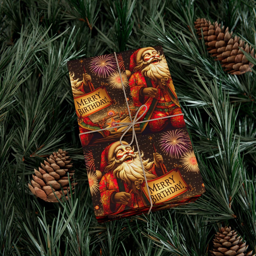 Wrapping Paper, Merry Birthday Christmas Wrap, Santa Design, Seasonal ...