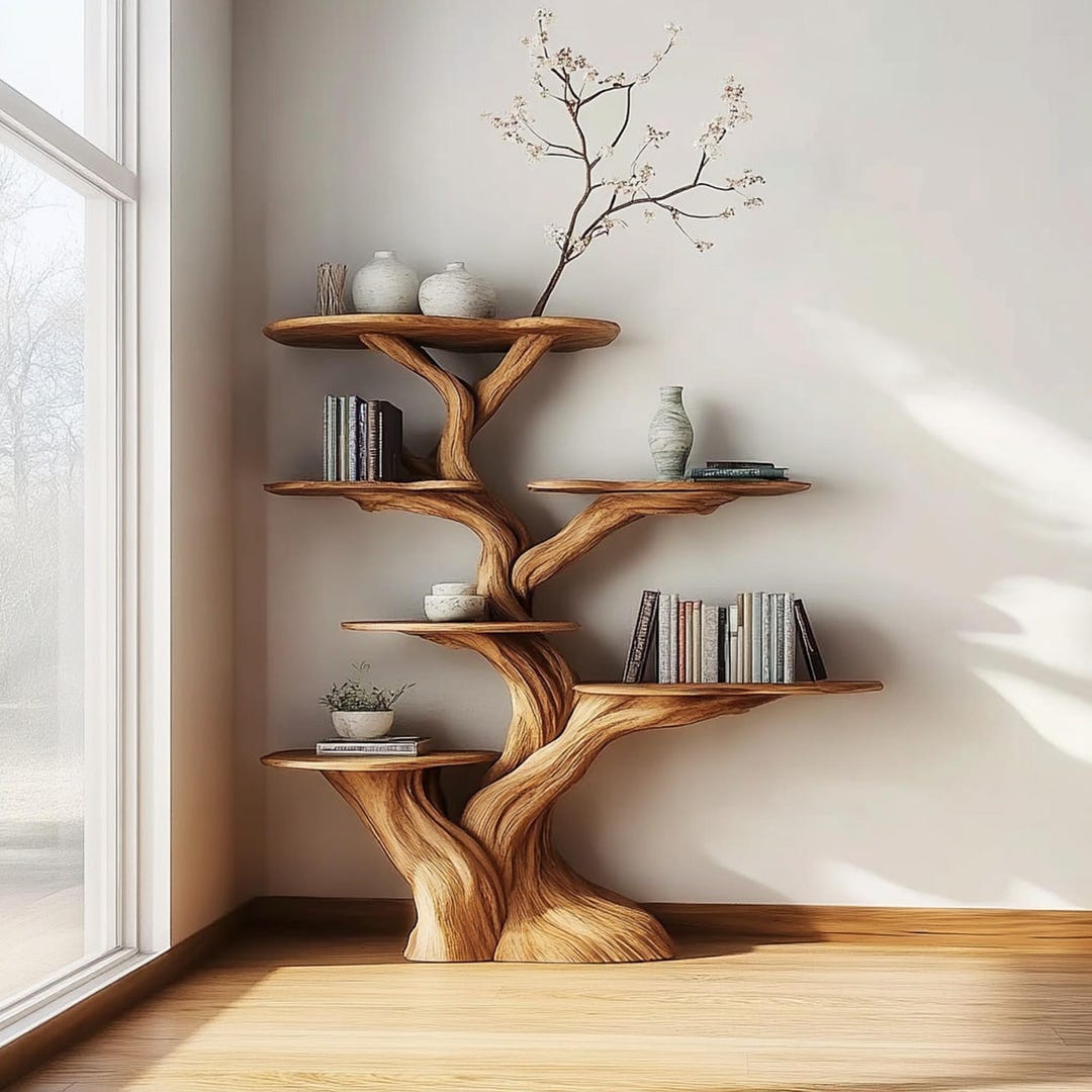 Handcrafted Solid Wood Tree Bookshelf, Rustic Sculptural Bookcase With ...