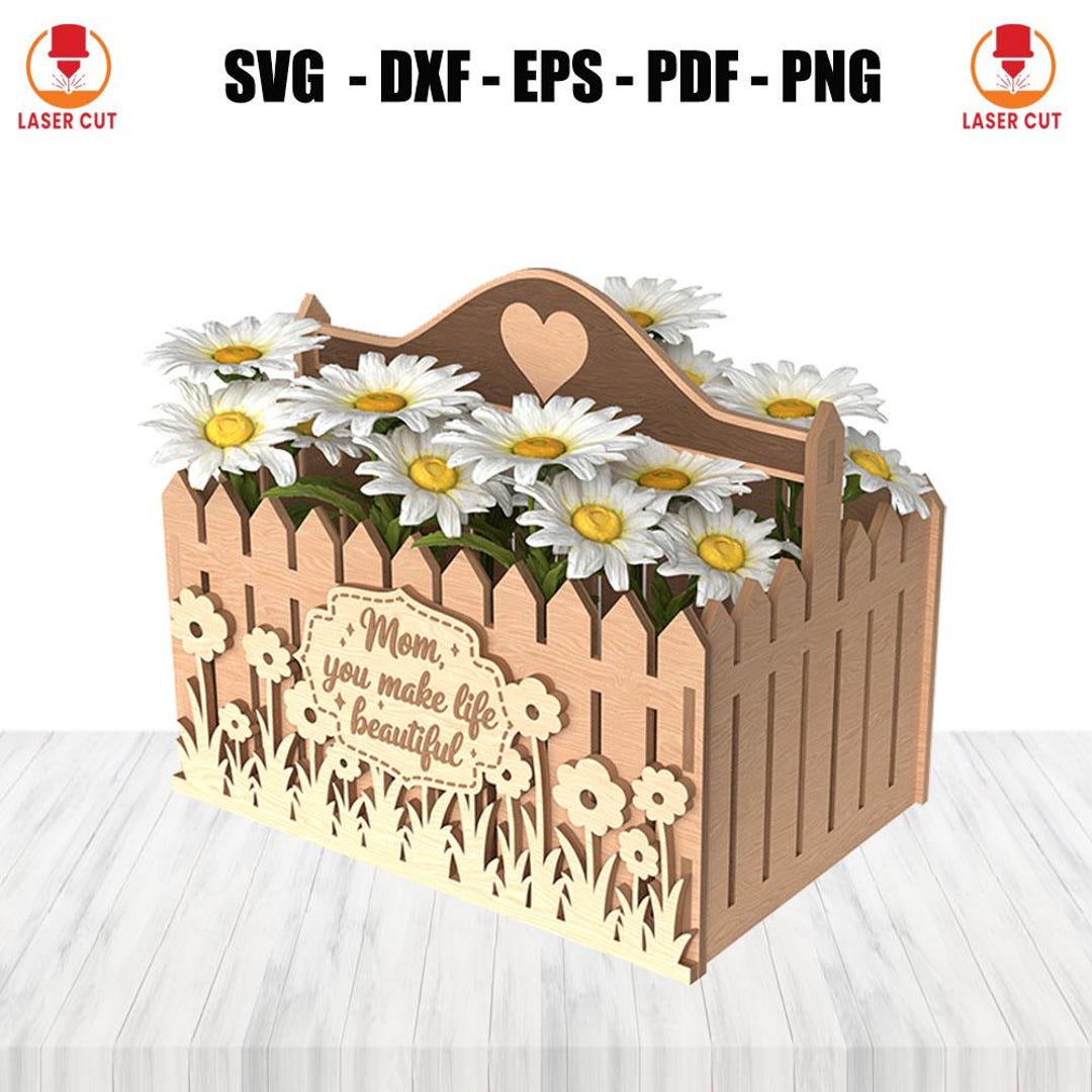 Mother’s Day Flower Box Svg Laser Cut, Standing Flowers Vase Mothers ...