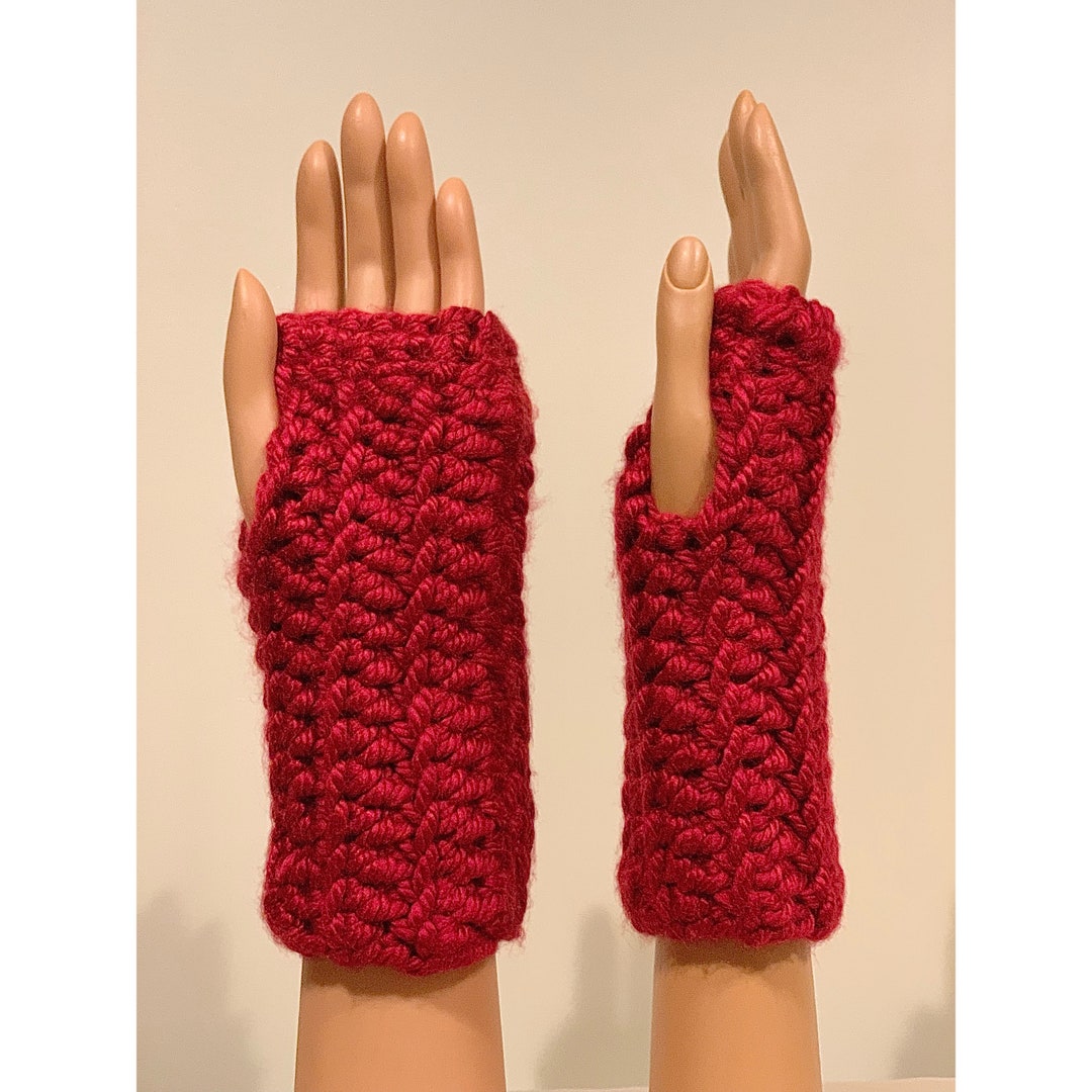 Deep Red Crochet Fingerless Mittens Chunky Washable Yarn Texting ...