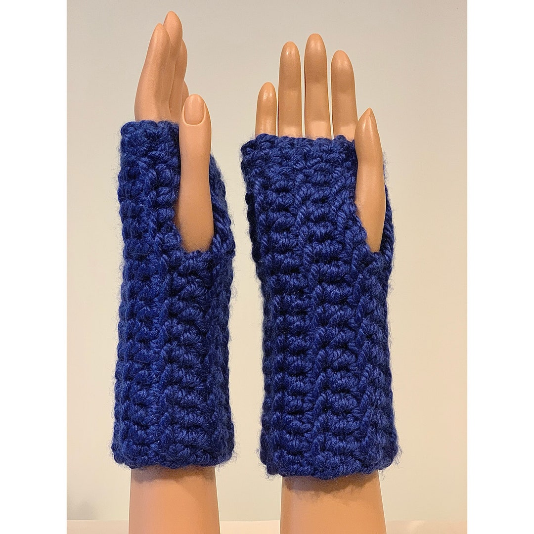 Cozy Royal Blue Fingerless Chunky Mittens for Winter | Handmade Crochet ...