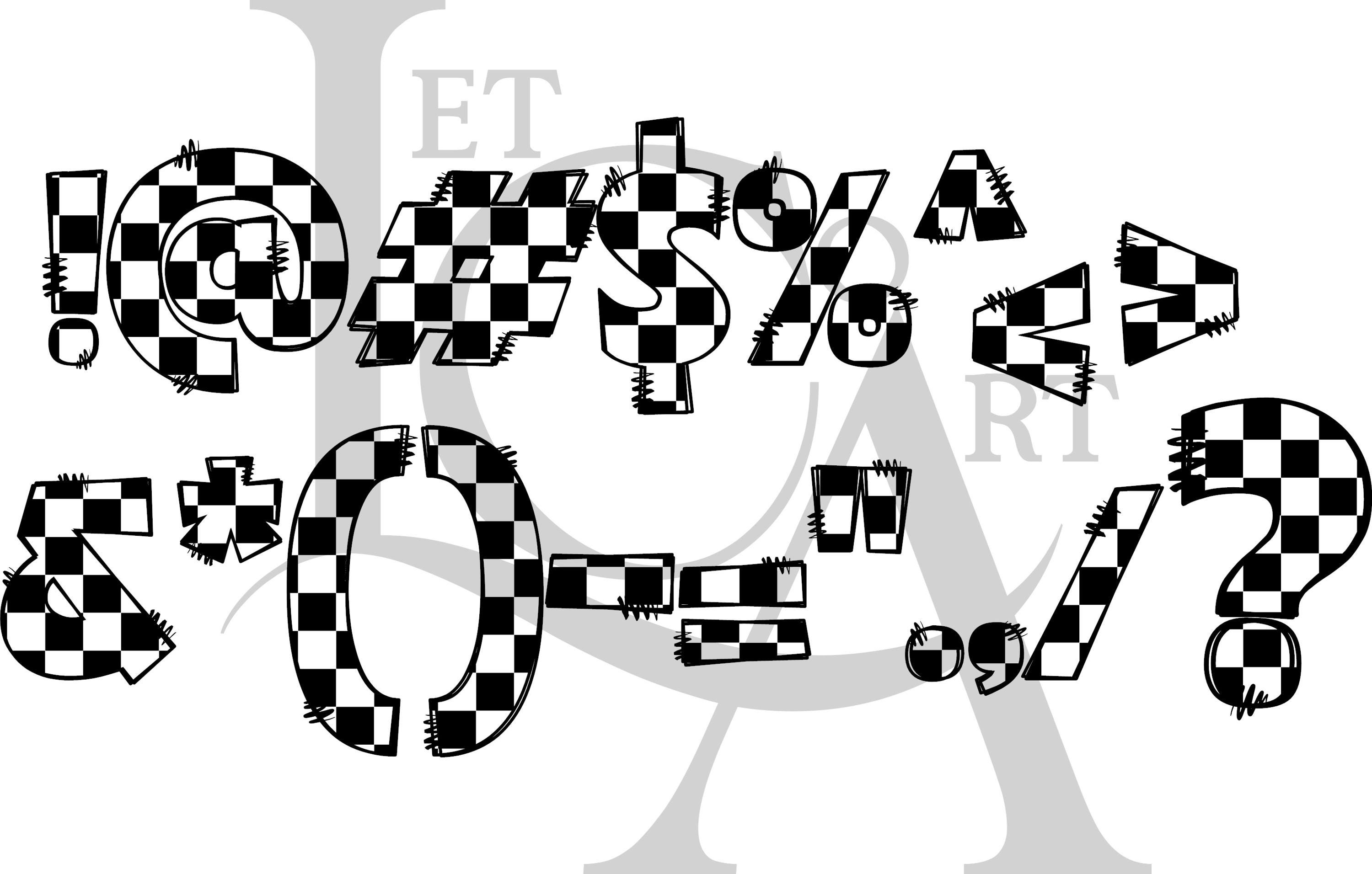 Doodle Checkered Letters Set Design, Black & White, PNG, Instant ...