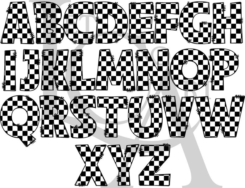 Doodle Checkered Letters Set Design, Black & White, PNG, Instant ...