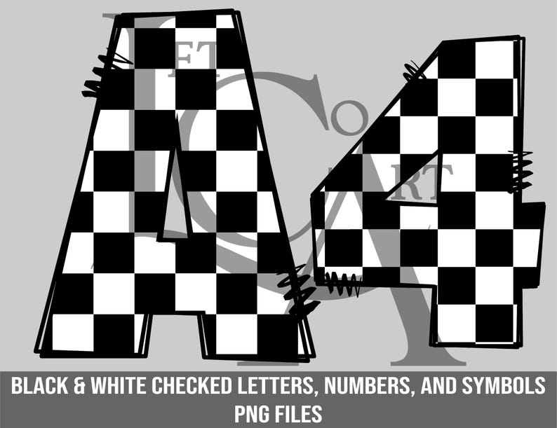 Doodle Checkered Letters Set Design, Black & White, PNG, Instant ...