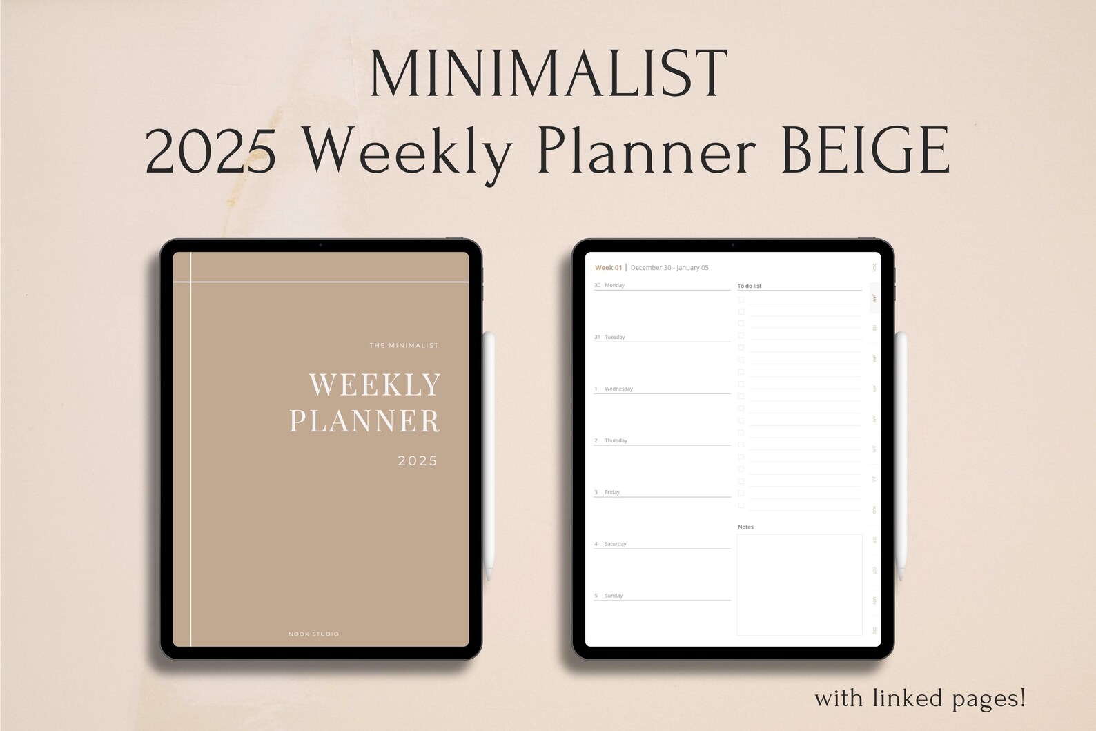 2025 Minimalist WEEKLY Planner BEIGE Digital, Portrait Mode, Digital ...