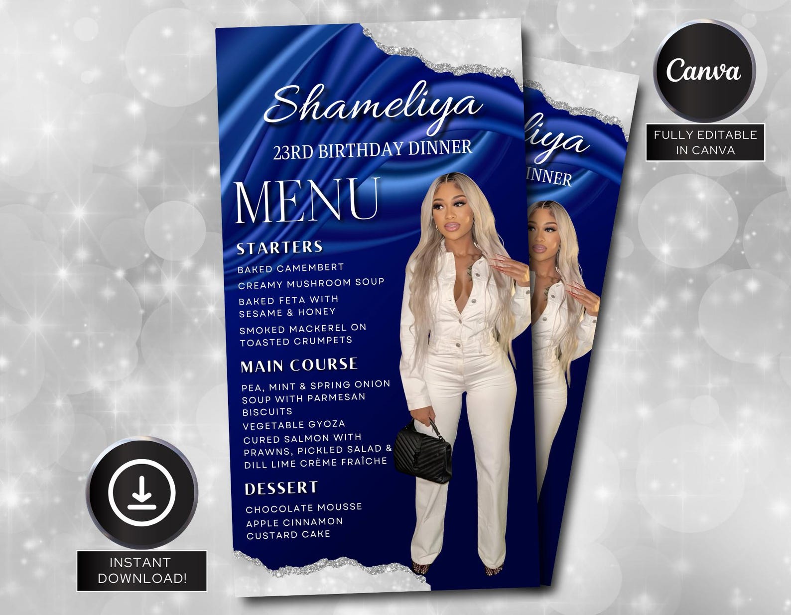 Royal Blue Birthday Dinner Menu Template, Editable Birthday Picture ...