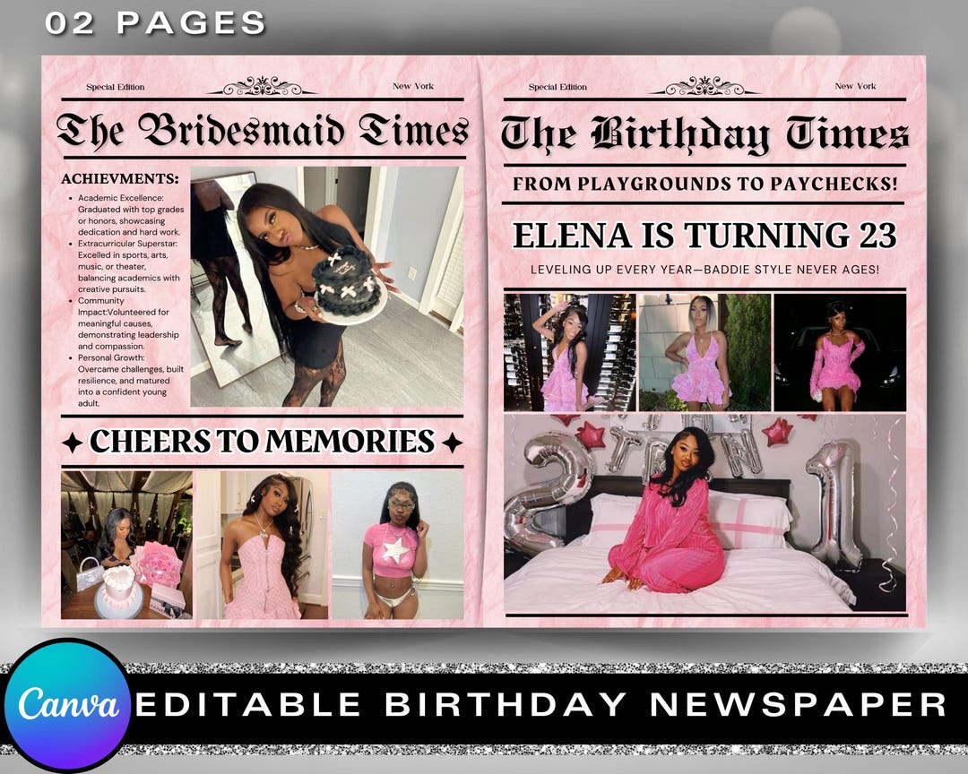 Pink Birthday Newspaper Canva Template, Birthday Newspaper Template ...