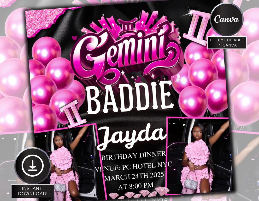 Pink Gemini Birthday Flyer, Birthday Party Flyer, Birthday Flyer ...