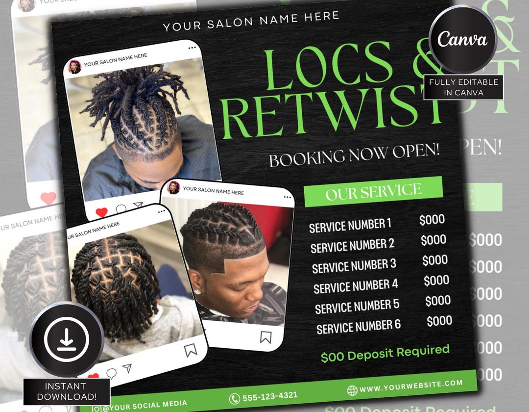 Locs and Styles Flyer, Barbershop, Loc Retwist, Editable on Canva ...