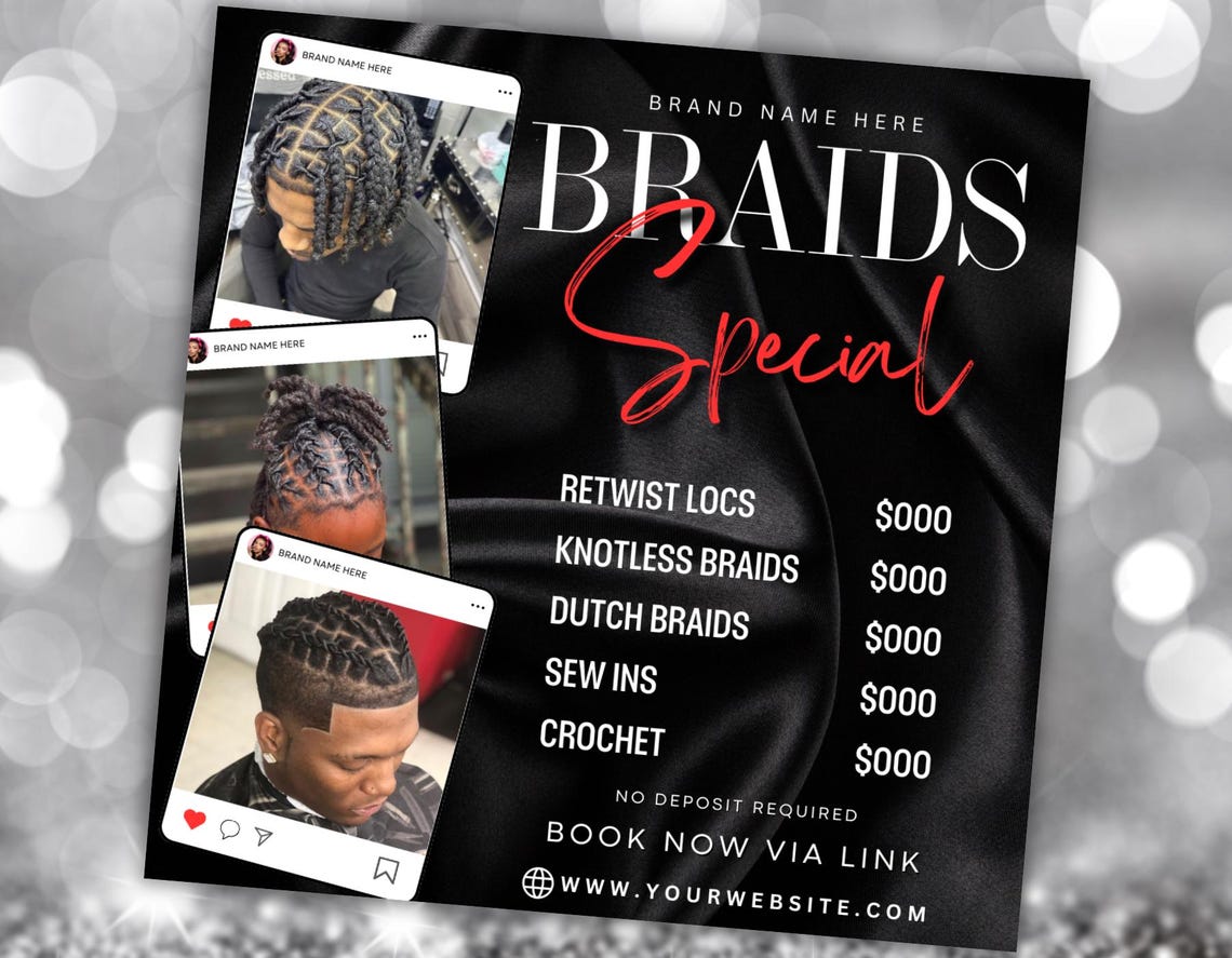 Men's Stitch Braids Flyer, DIY Flyer Template Design, Braids Booking ...
