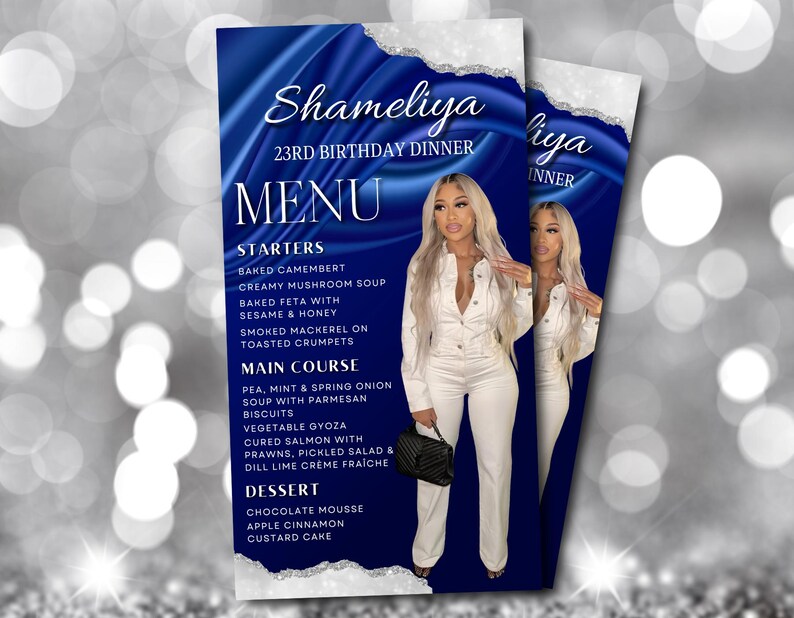 Royal Blue Birthday Dinner Menu Template, Editable Birthday Picture ...