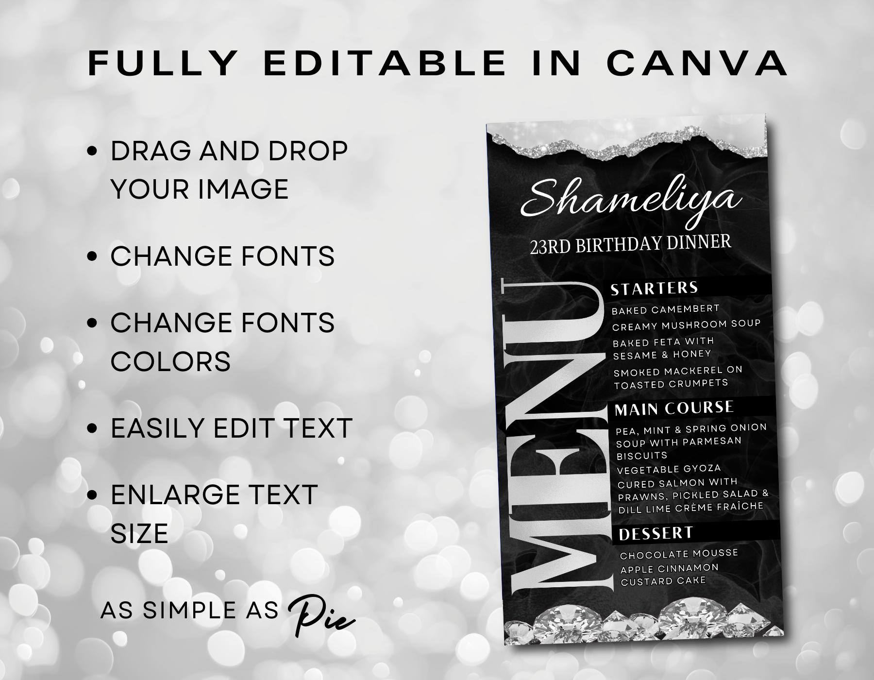 Minimalist Birthday Dinner Menu Template, Editable Birthday Picture ...