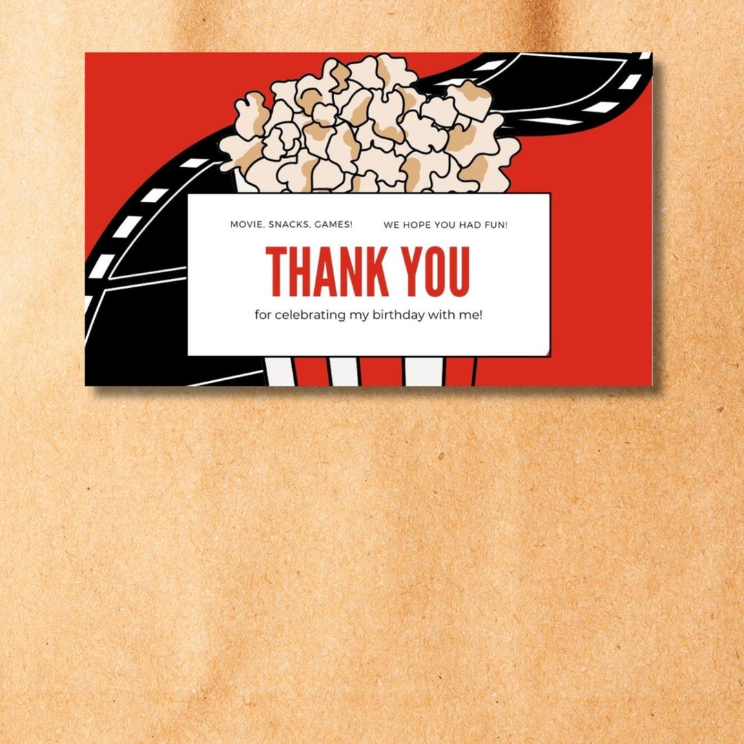 Movie Night Birthday Thank You Tag Popcorn Film Cinema Digital Download ...