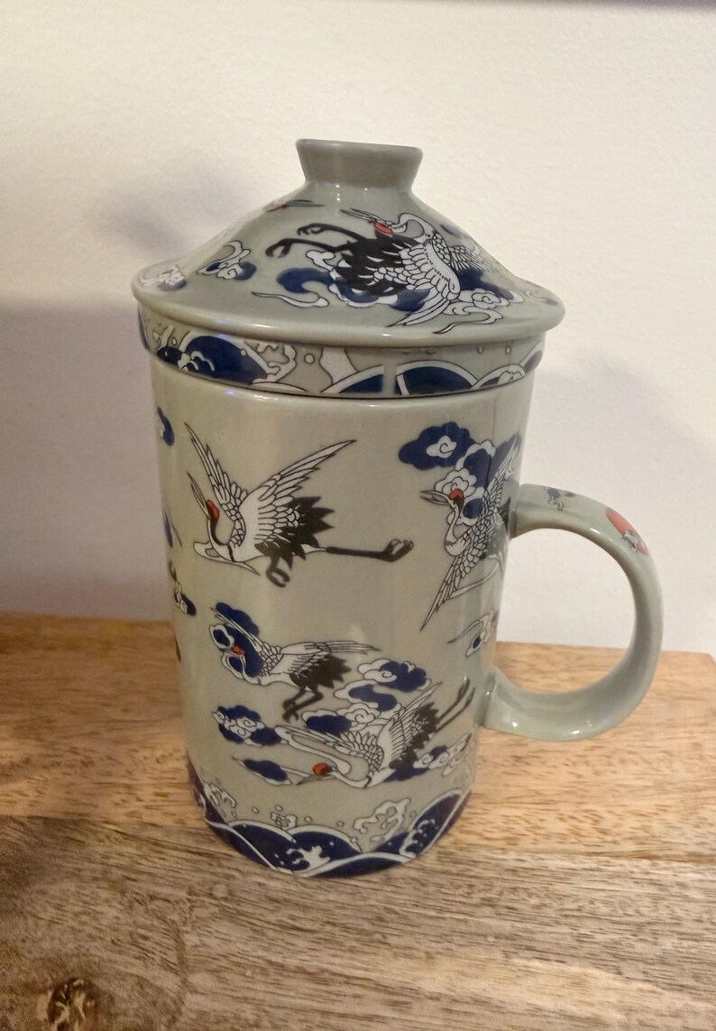 Vintage Japanese Tea Mug With Lid: Crane Cloud Chinoiserie Porcelain - Etsy