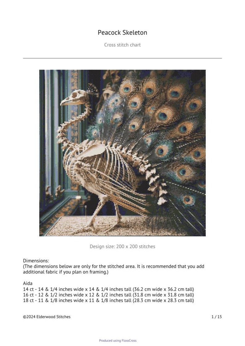 Peacock Skeleton Cross Stitch Pattern – Gothic Nature Embroidery (PDF ...