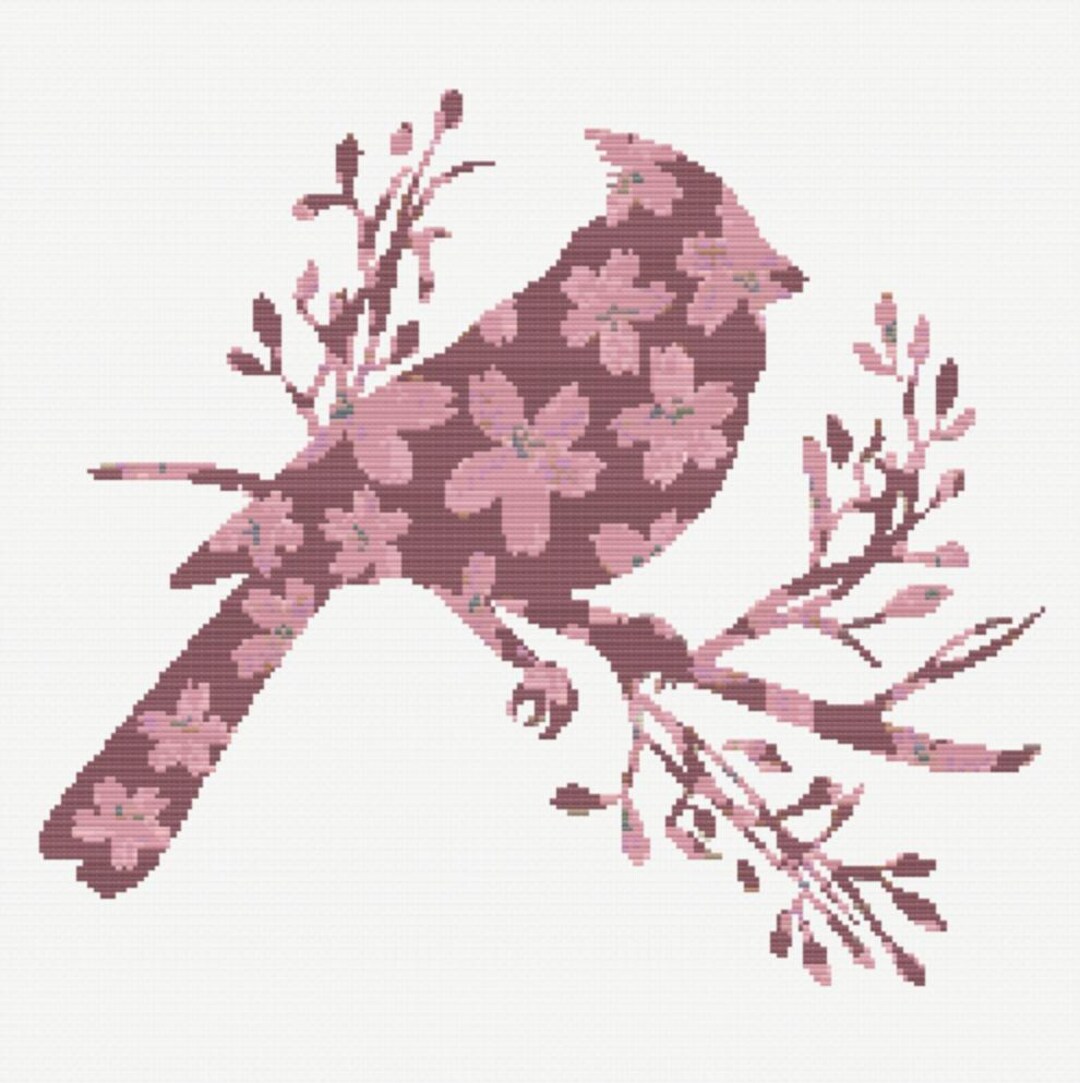 Flower Cardinal Bird - Cross Stitch Pattern, PDF Instant Download, Pink ...
