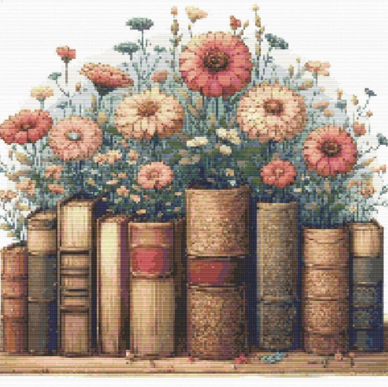 Books and Flowers Cross Stitch Pattern – Floral Bookworm Embroidery ...