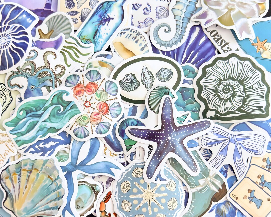 10-40pcs Blue Beach Aesthetic Sticker Pack, Coastal Ocean Seashell ...