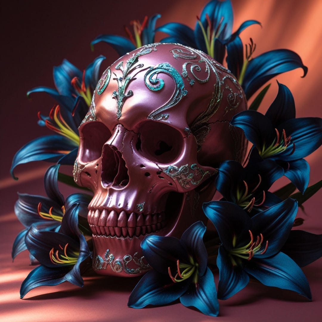 Gothic Rose Skull Art – Metallic Skull With Blue Lilies, Dark Floral ...