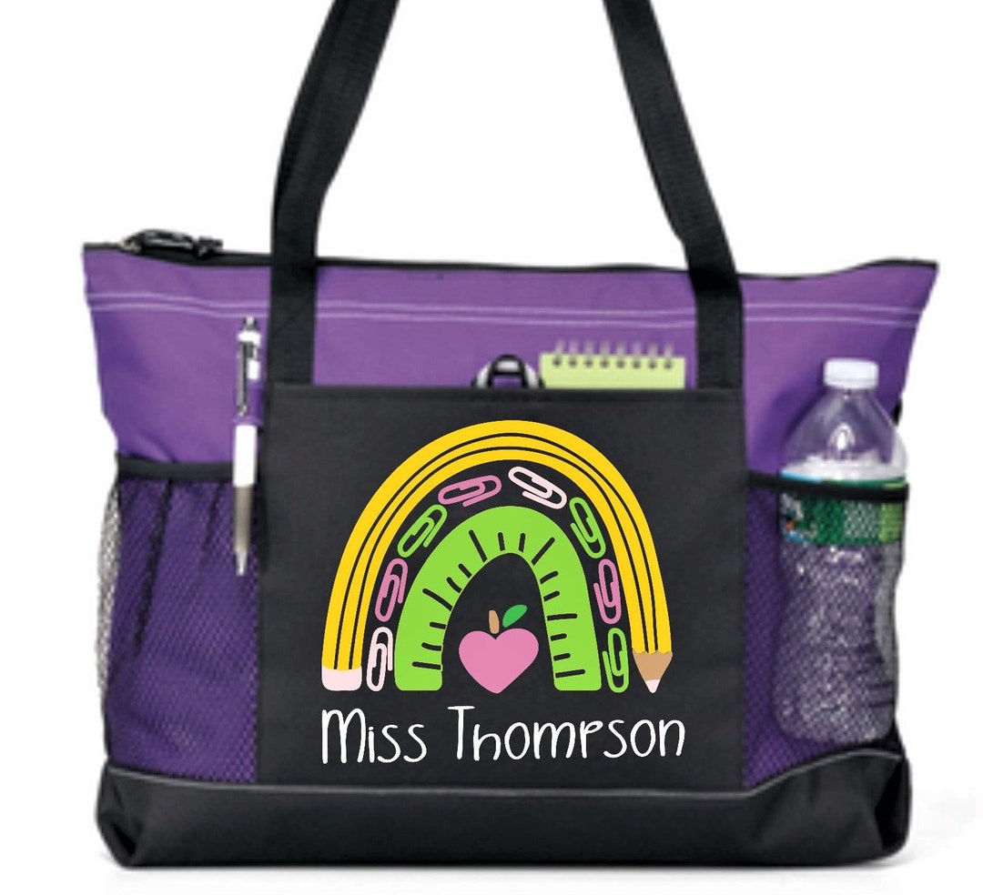 Teacher Tote Bag, Personalized Rainbow Bag, Zippered Book Bag, School ...