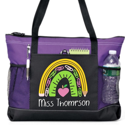 Teacher Tote Bag Personalized Rainbow Bag Zippered Book Bag - Etsy