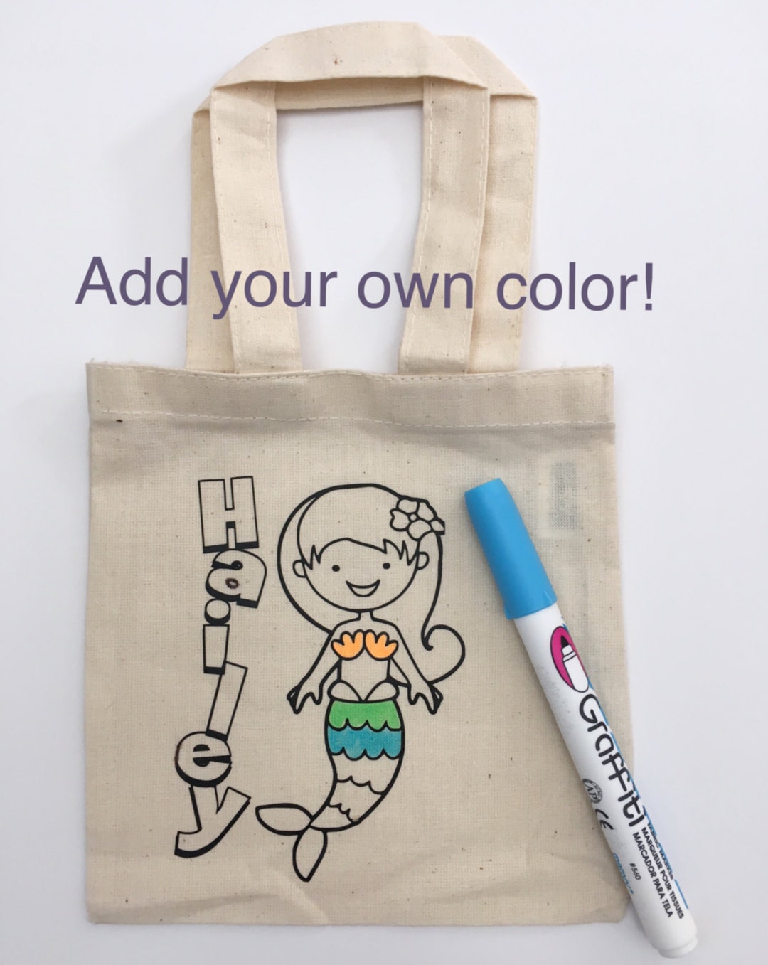 Little Girls Bag, Color Your Own Tote Bag, Mermaid Tote, Personalized ...