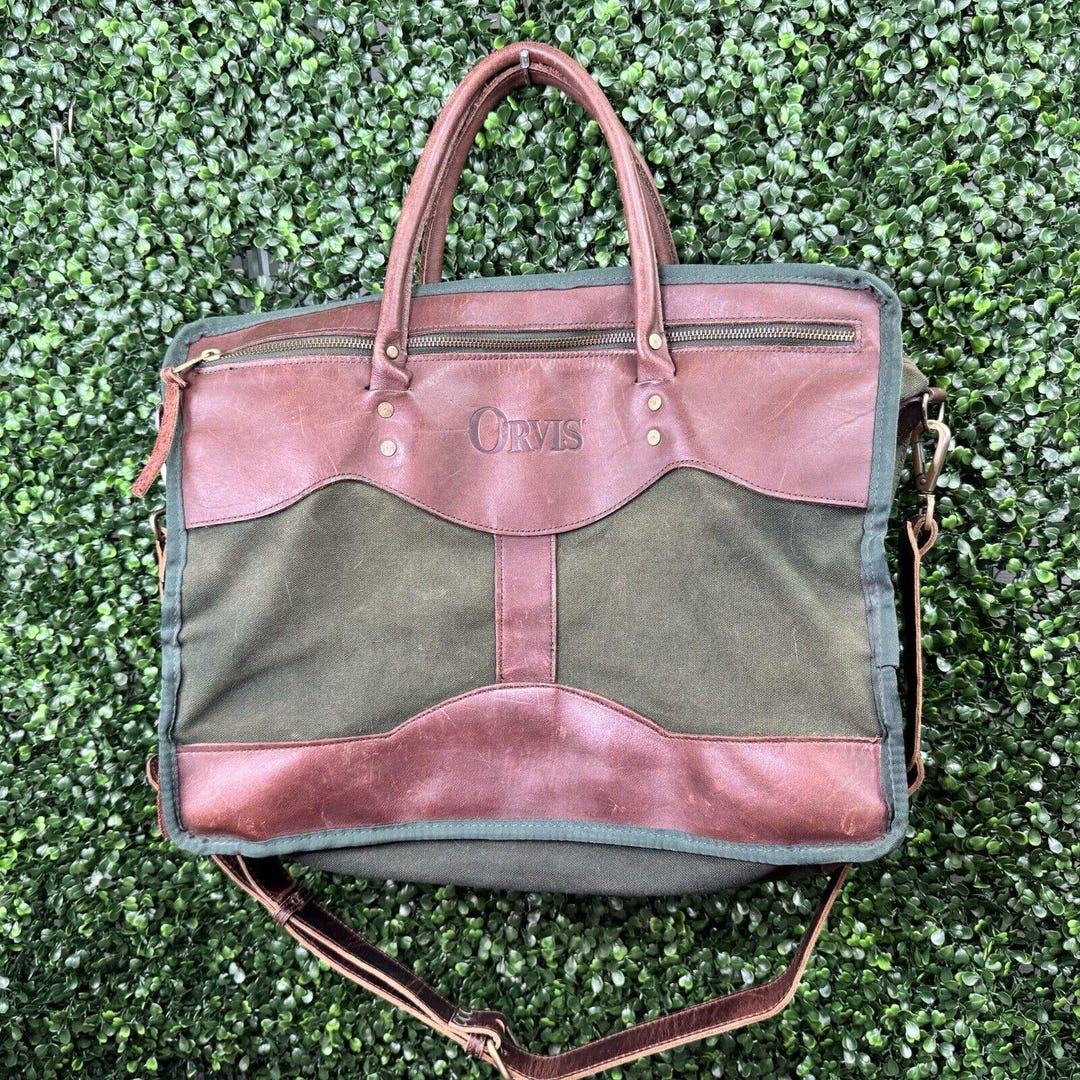 Vintage Orvis Green Battenkill Canvas Leather Briefcase Laptop Bag ...