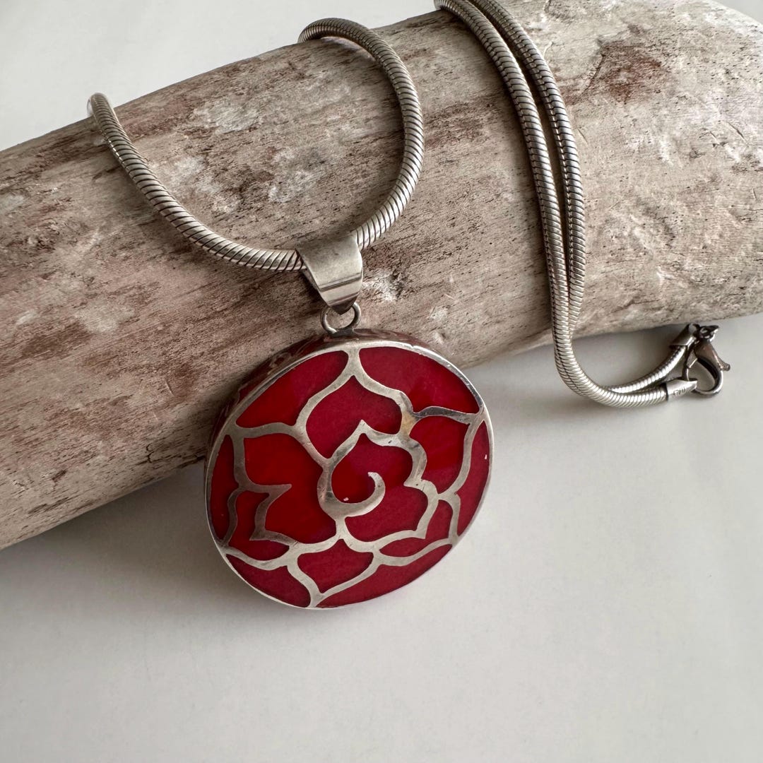 Vintage Crimson Red Sterling Silver Pendant Necklace / Heavy Italian ...