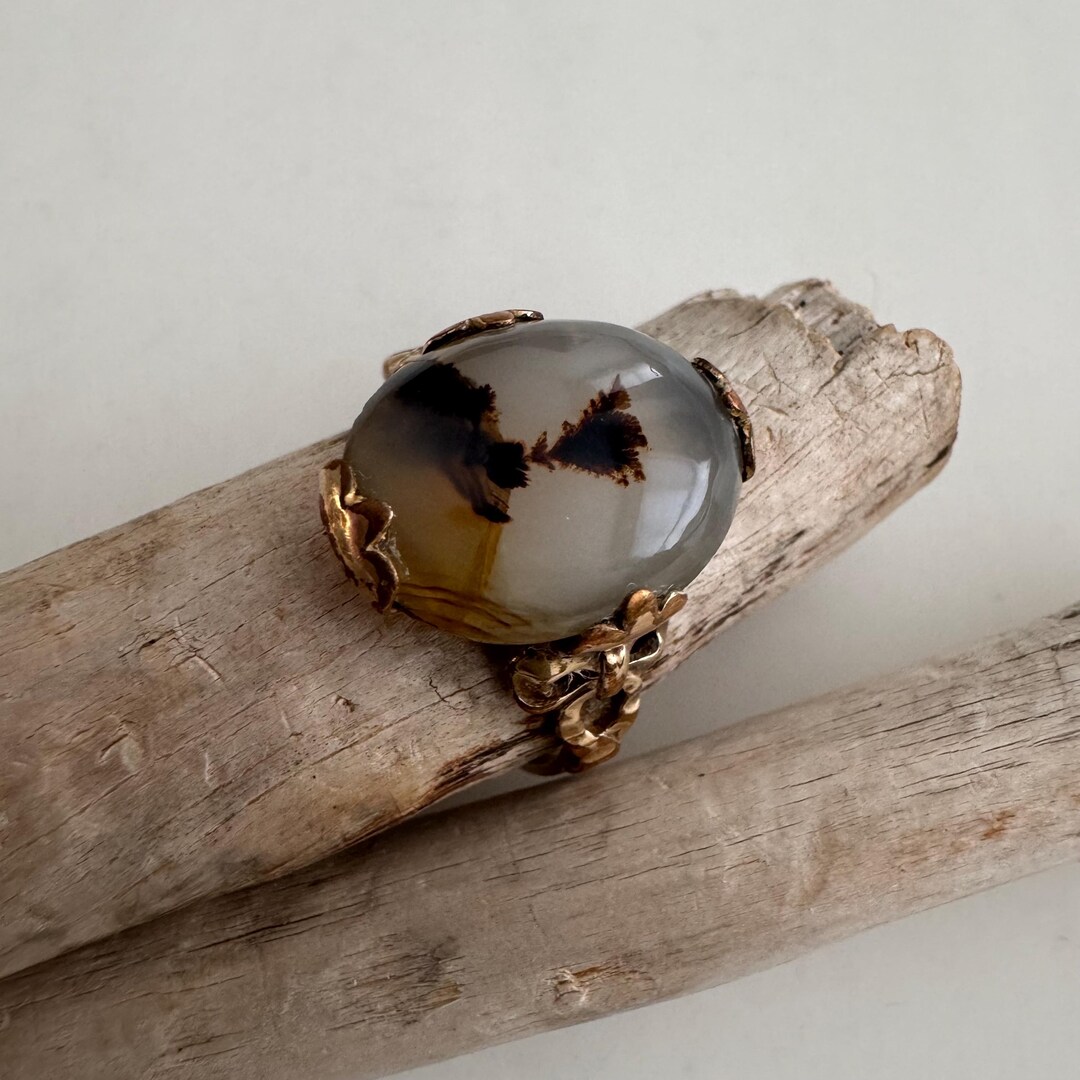 Art Deco Clark & Coombs Moss Agate Intricate Gold Fill Ring - 1/20 10K ...
