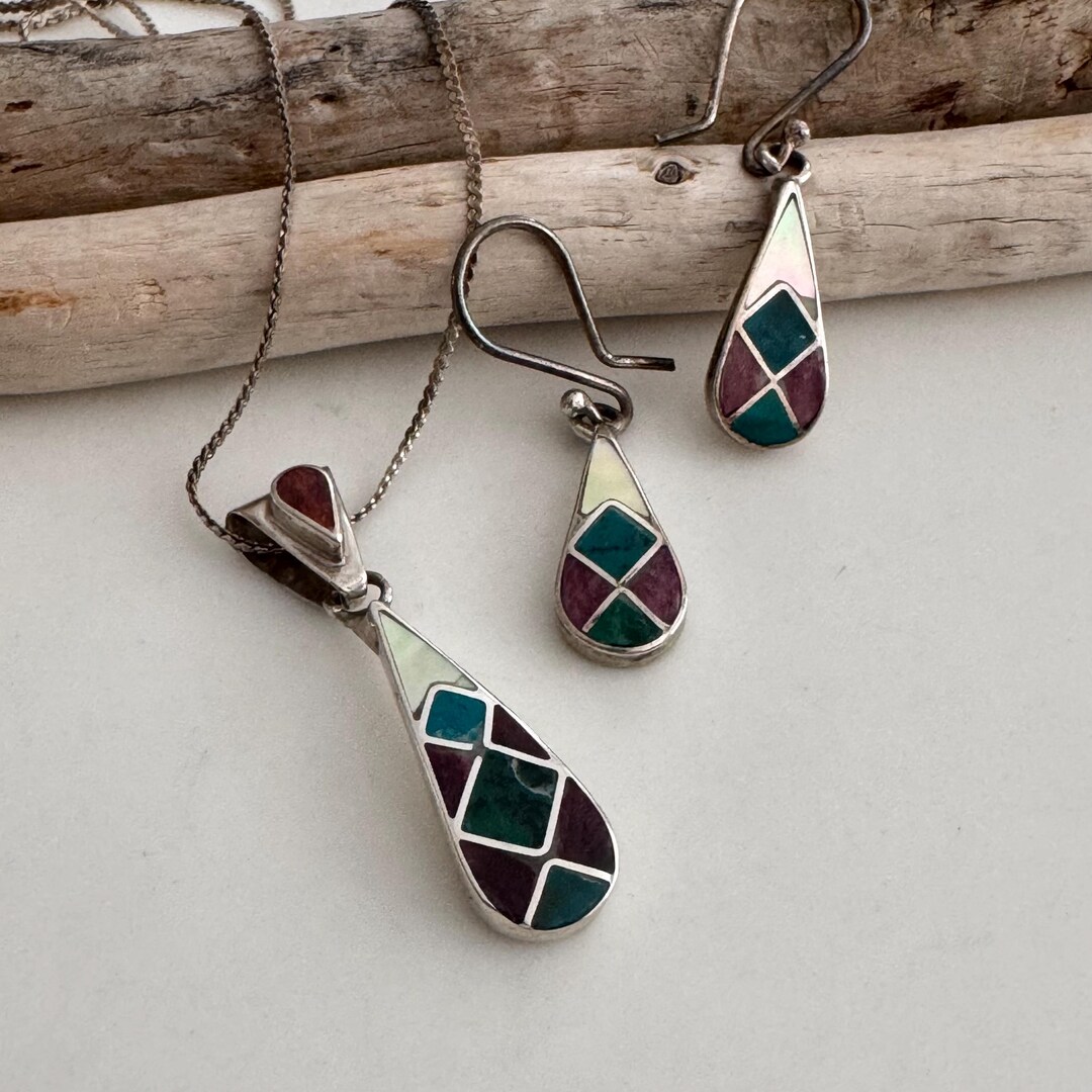 Peruvian - Andean Multi Stone Inlay Sterling Silver Pendant Chain With ...