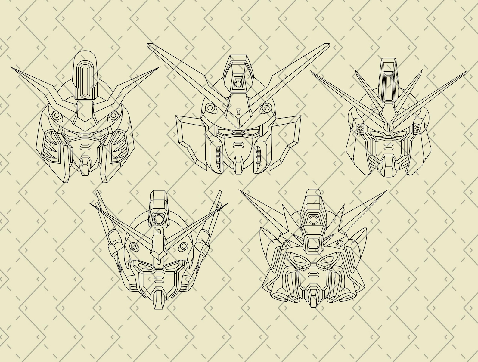 Mobile Suit Gundam Wing - 5 Gundam Heads Front View - Mecha - Etsy