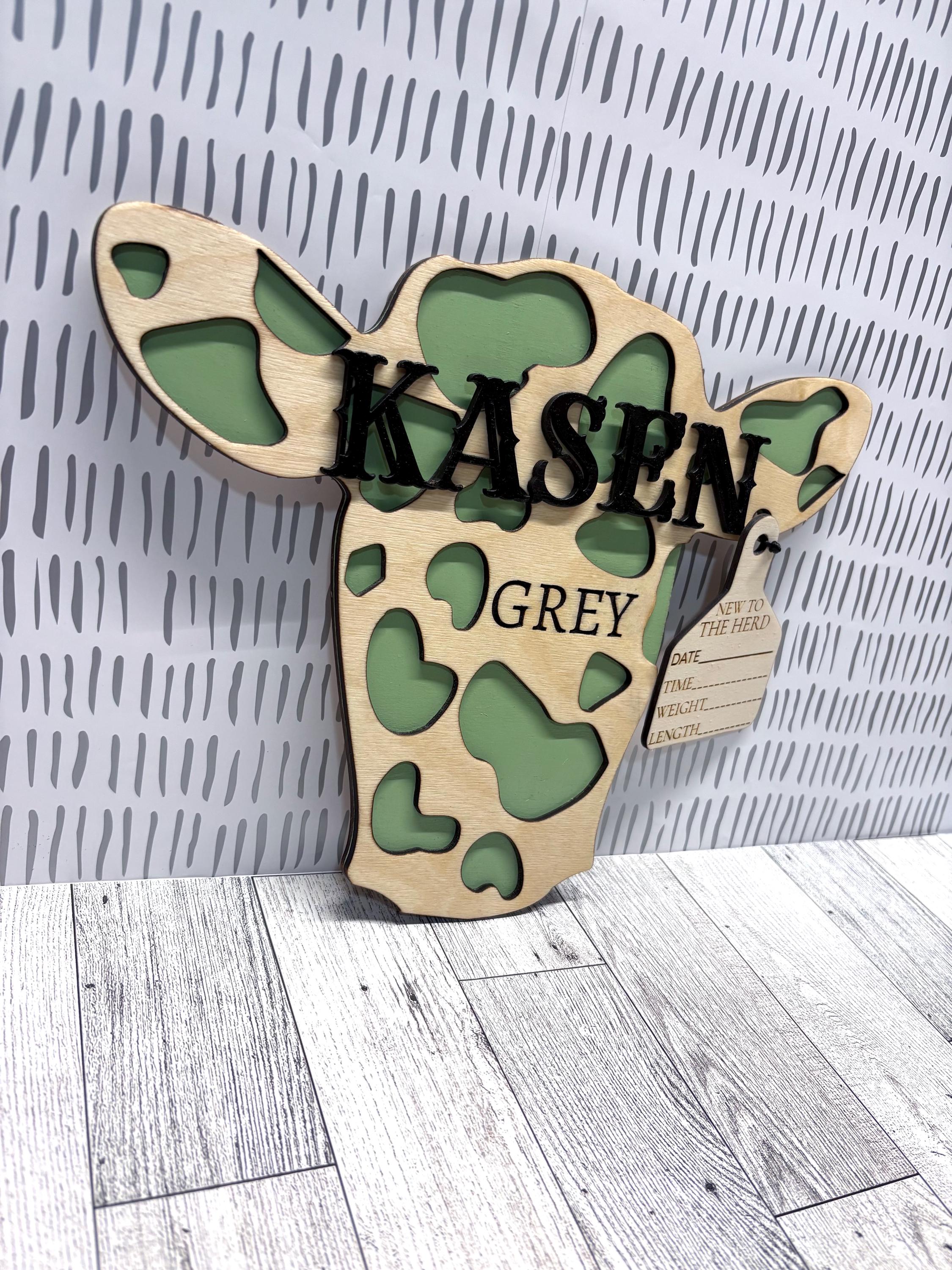 Baby Girl/ Baby Boy Cow Birth Stat Sign/ Nursery Annoncment/ Wood Birth ...