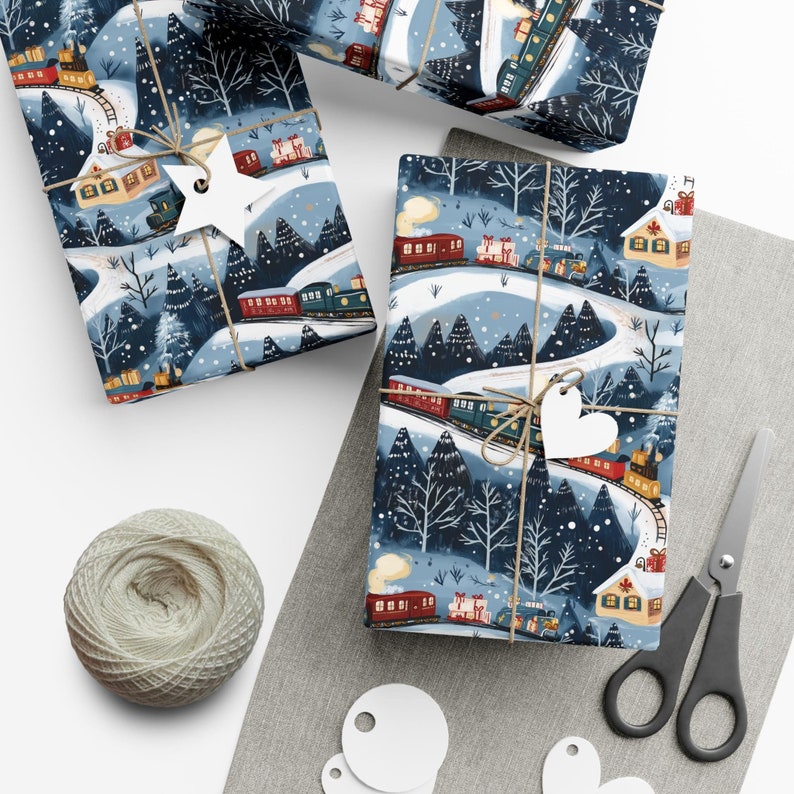 Christmas Train Gift Wrapping Paper, Snowy Forest Holiday Present Wrap ...