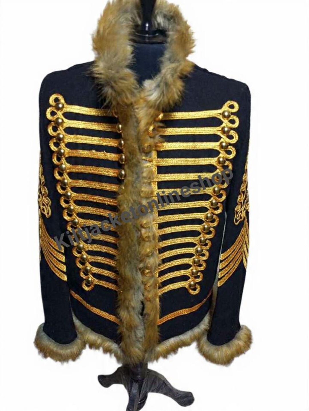 Hussar Military Style Jacket With Gold Braiding Faux Fur Trim Black ...