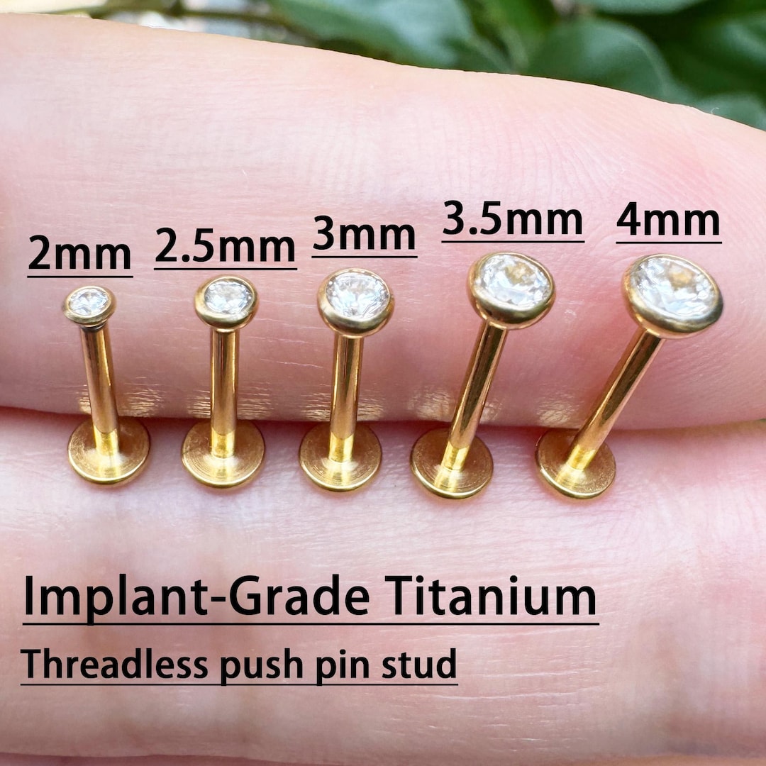 Gold Implant Grade Titanium Threadless Push Pin Bezel CZ Flat Back ...