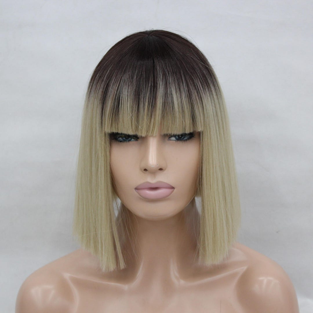 Blonde Ombre Bob Wig With Bangs Straight Hair Sleek Wig Stylish Wig ...