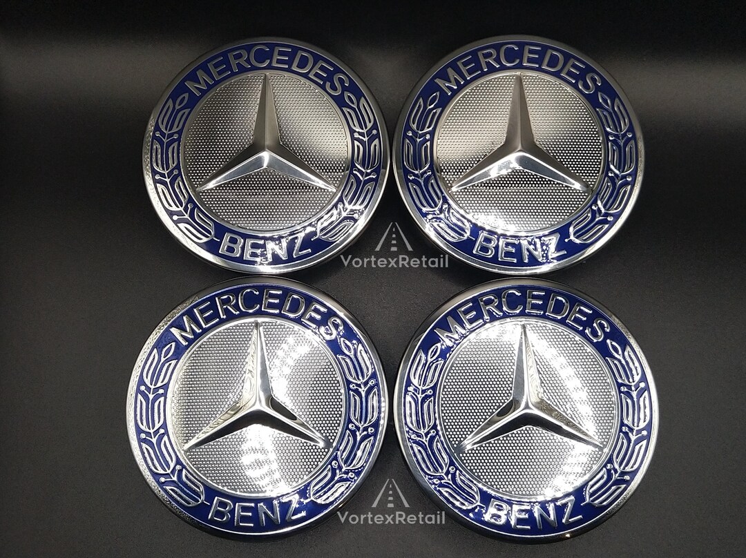 4X Mercedes Alloy Wheel Centre Caps Hub Dark Blue 75mm A B C E S M ...