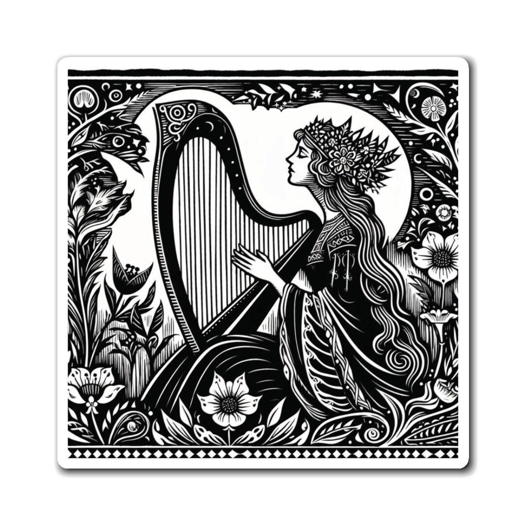 Female Harp Musician Art Nouveau Magnet, Decorative Fridge Magnet ...