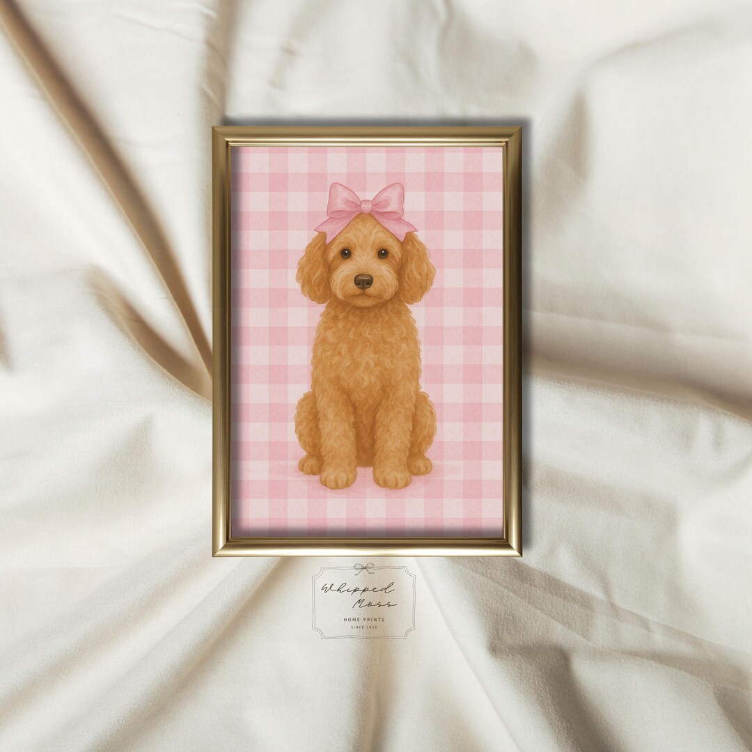 Labradoodle Dog Print With Pink Bow – Gingham Wall Art for Nursery or ...