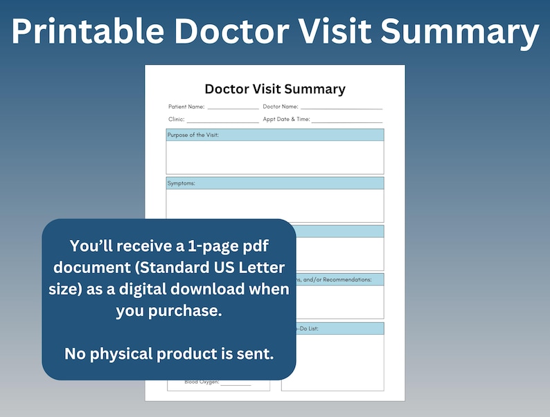 Doctor Visit Summary Printable, Medical Appointment Sheet (digital ...