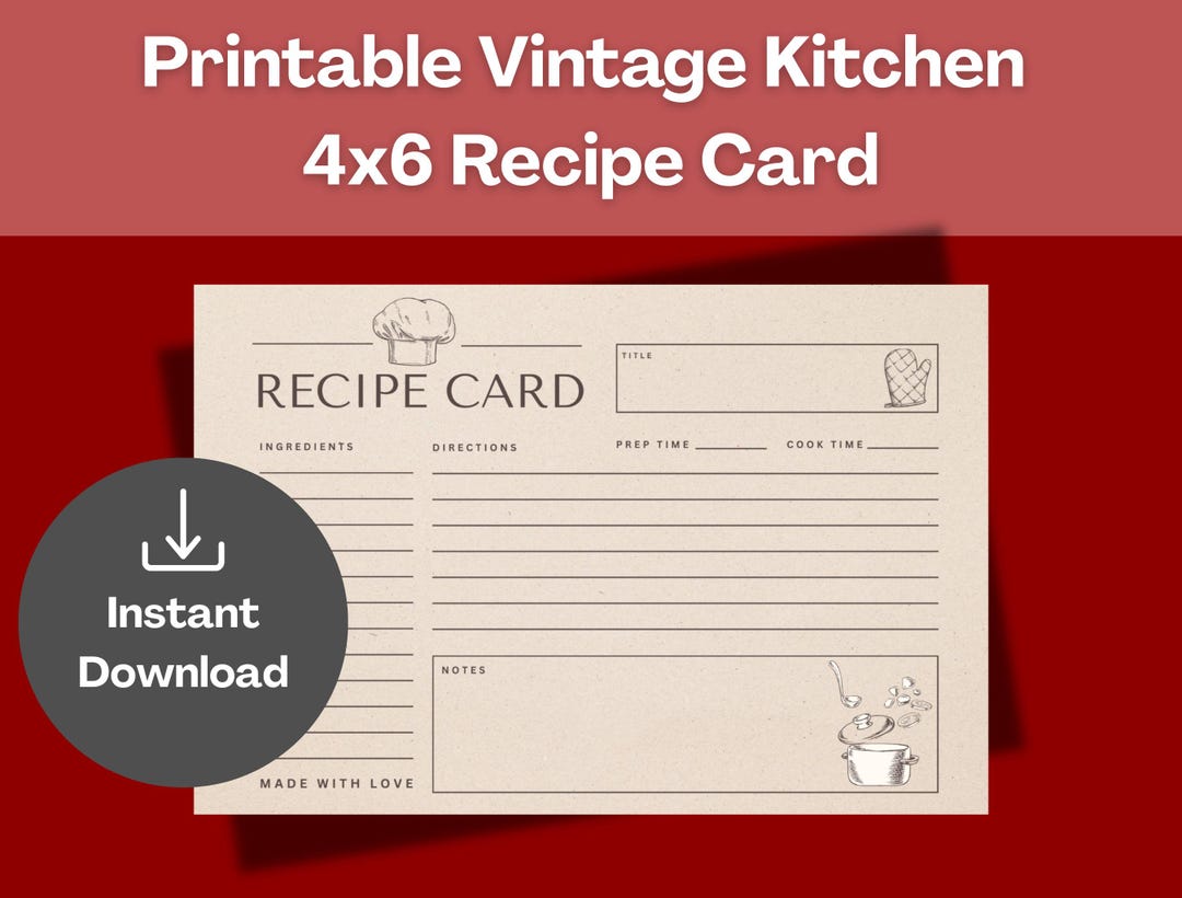 Printable 4x6 Vintage Recipe Card With Chef Hat & Dutch Oven | Antique ...