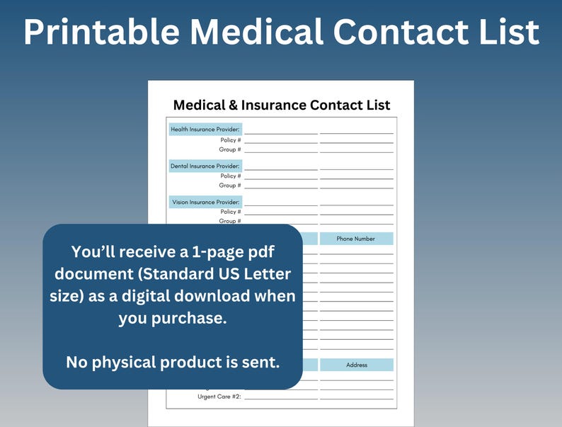 Medical Contacts List Printable, Healthcare Contacts, Doctor Contacts ...