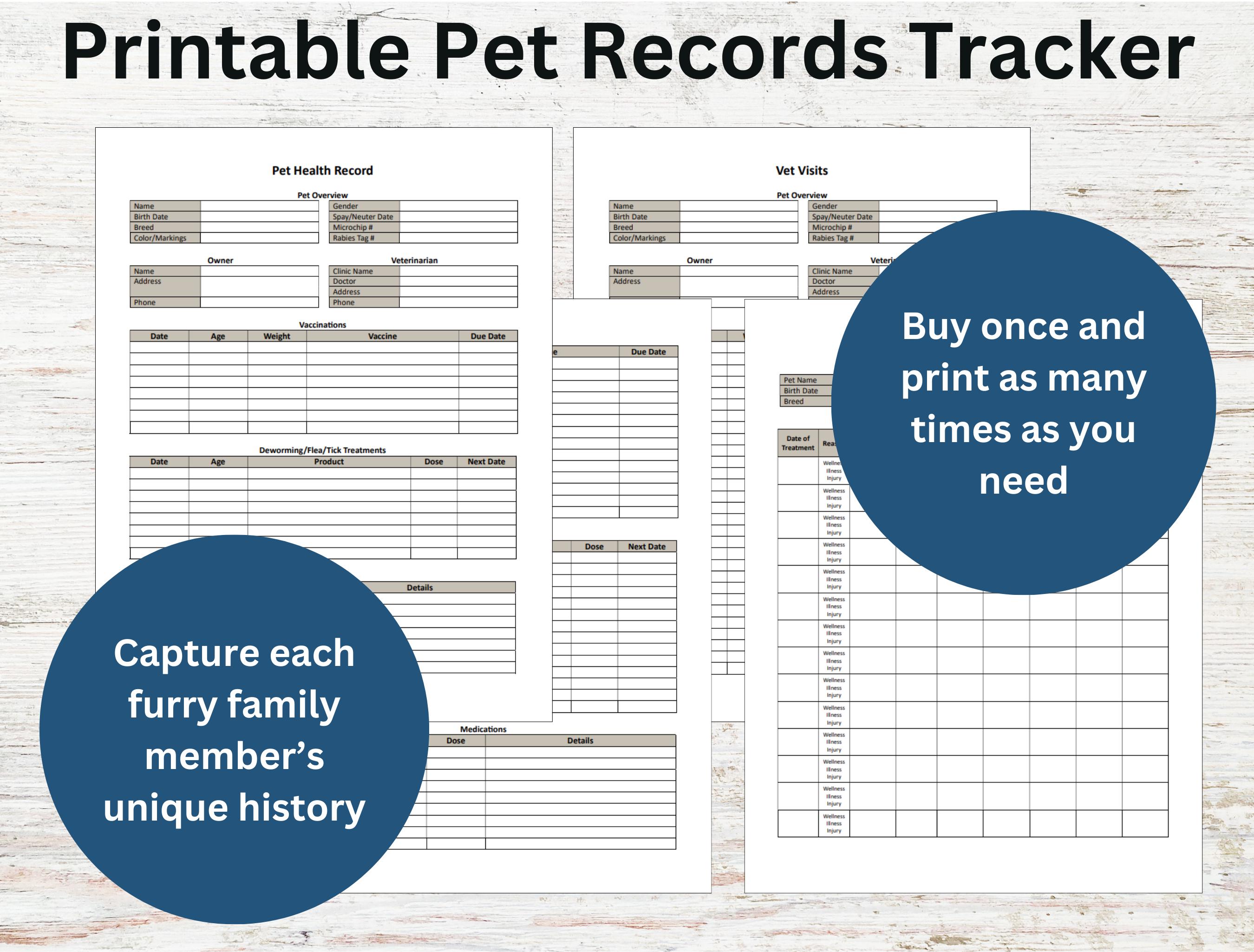Printable Pet Health Record - Pet Medical Tracker for Dogs Cats ...