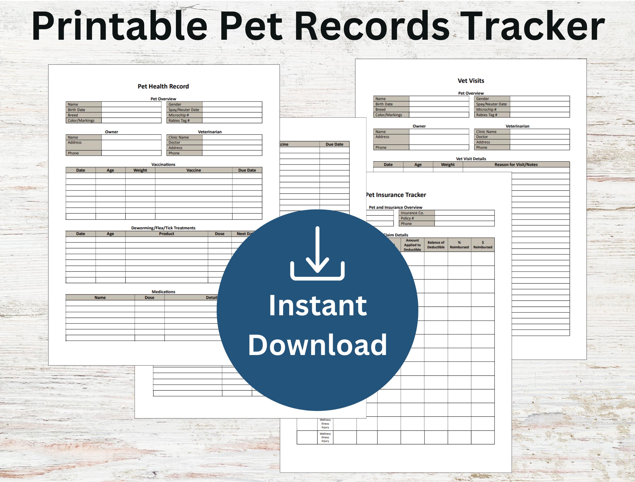 Printable Pet Health Record - Pet Medical Tracker for Dogs Cats ...